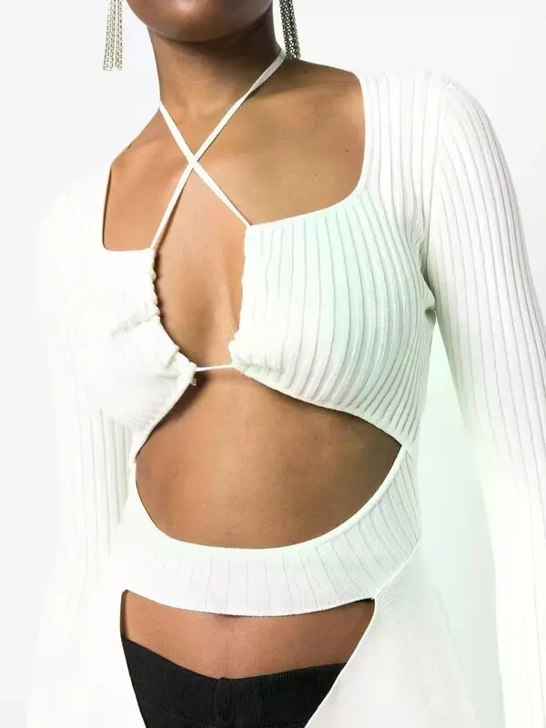 ANDREĀDAMO Asymmetric Ribbed Knit Cut-out Top - Neutrals