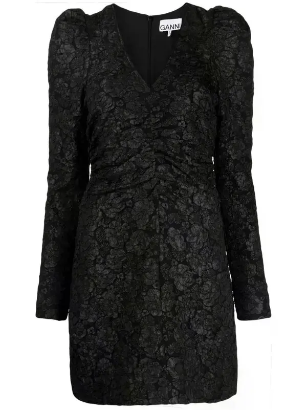 GANNI Floral-jacquard V-neck Dress - Black
