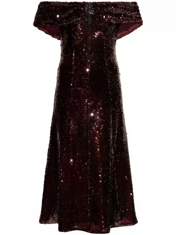 SELF-PORTRAIT Sequinned Off-shoulder Dress - Brown