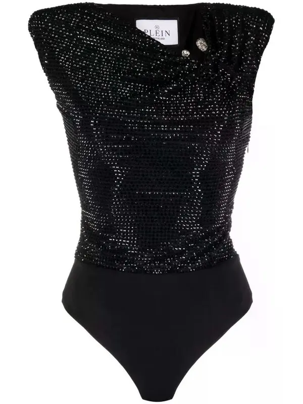 Philipp Plein Embellished Round Neck Sleeveless Bodysuit - Black