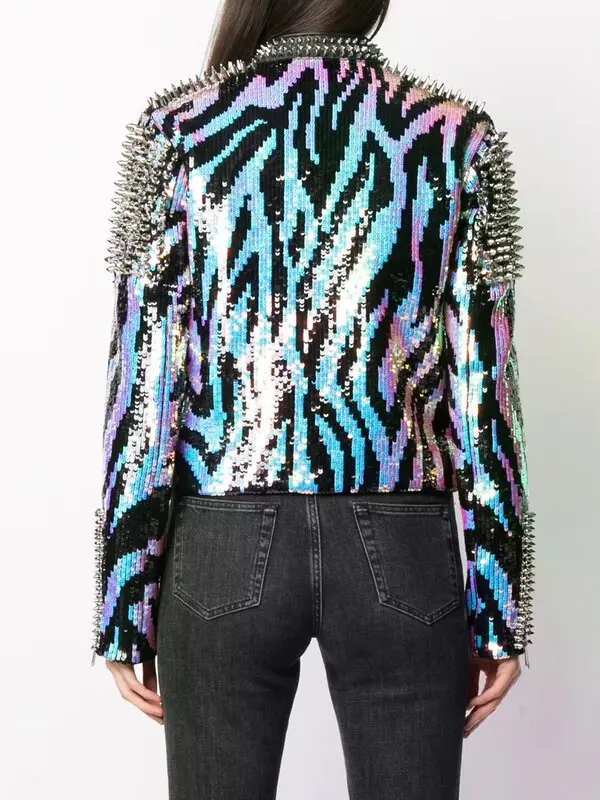 Philipp Plein Zebra Sequin Biker Jacket