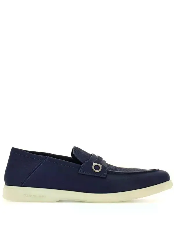 FERRAGAMO Gancini Plaque Calf Leather Loafers - Blue