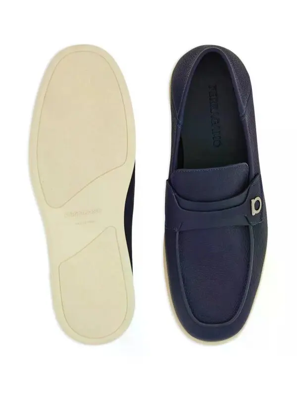 FERRAGAMO Gancini Plaque Calf Leather Loafers - Blue