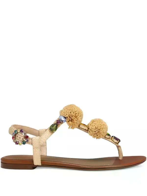 Dolce & Gabbana Embellished Pom-pom Flat Sandals - Neutrals