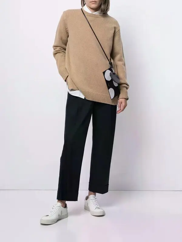 PORTS V Navy Cotton Turn-up Hem Straight Leg Trousers