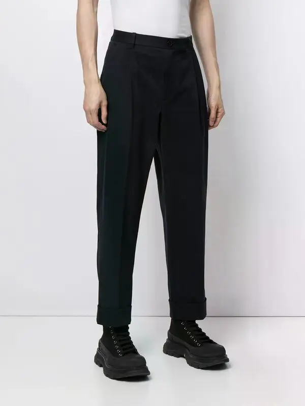 PORTS V Navy Cotton Turn-up Hem Straight Leg Trousers