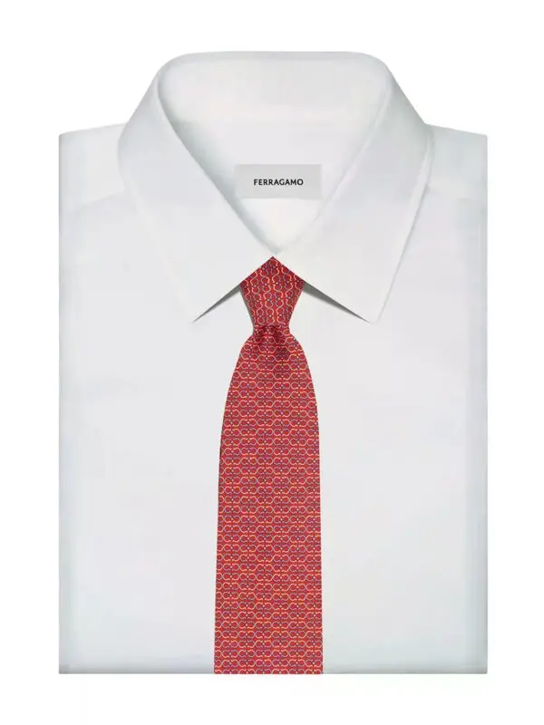 FERRAGAMO Gancini Print Silk Neck Tie - Red