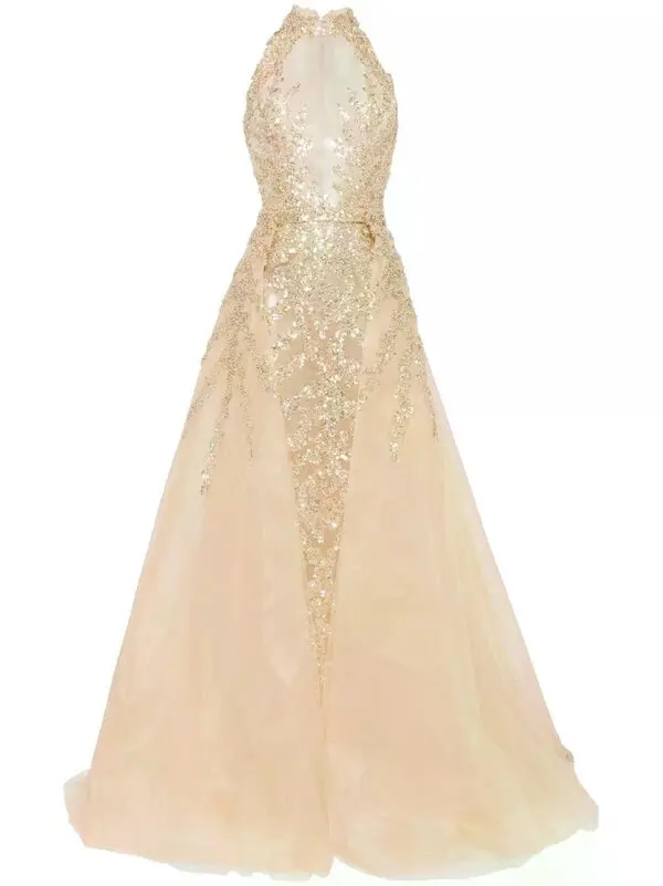 SAIID KOBEISY Halterneck Beaded Gown With Detachable Panels - Neutrals