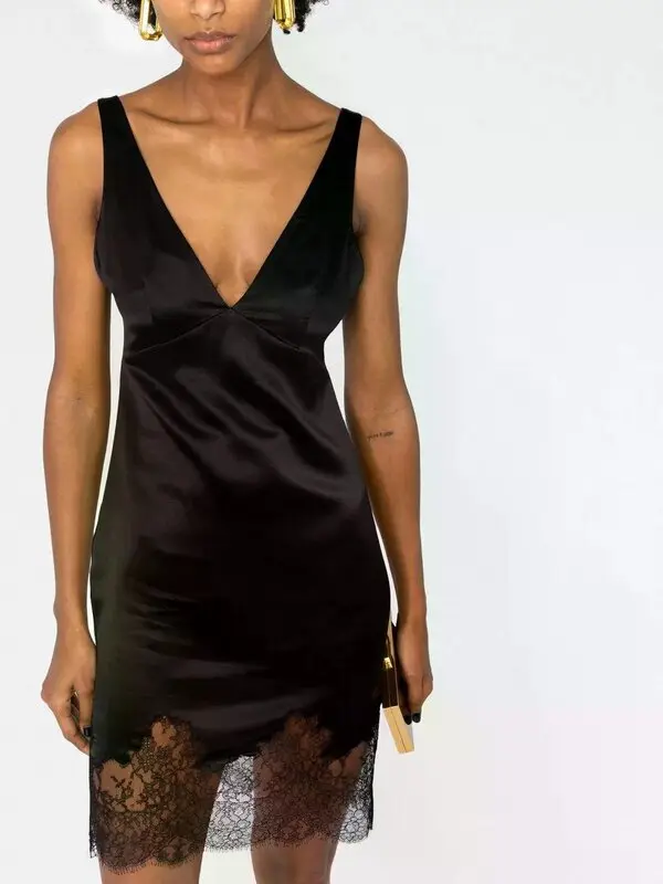 Saint Laurent Lace-trim Satin Minidress - Black