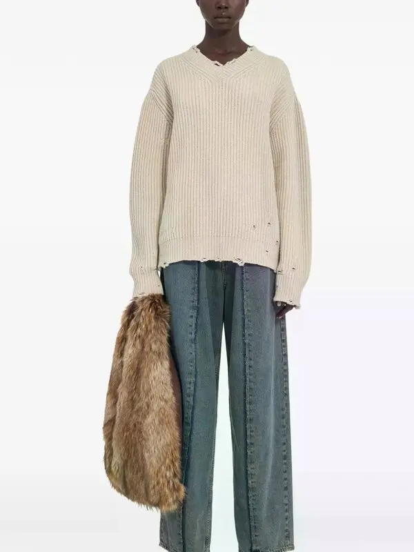 MAISON MARGIELA Distressed Ribbed V-neck Sweater - Neutrals