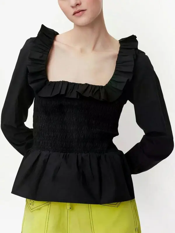 GANNI Cotton Poplin Smock Blouse With Ruffled Detailing - Black