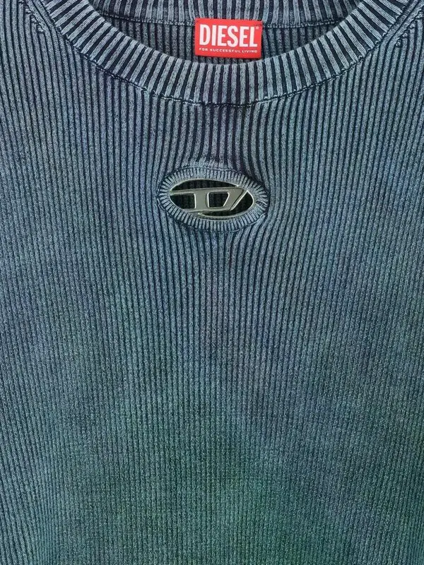 DIESEL® Ribbed Knit Crew Neck Top With Appliqué Logo - Blue