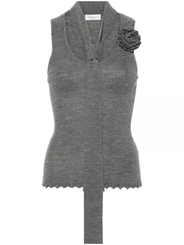 Blumarine Knitted Tank Top With Floral Appliqu - Grey
