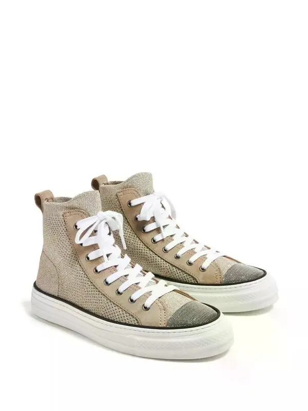 Brunello Cucinelli Monili-embellished Metallic Knit High Top Sneakers - Neutrals