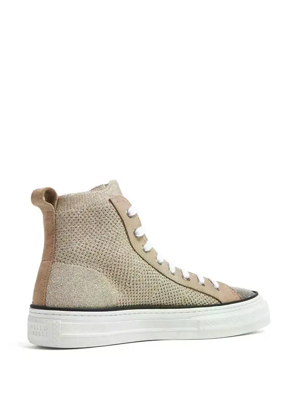 Brunello Cucinelli Monili-embellished Metallic Knit High Top Sneakers