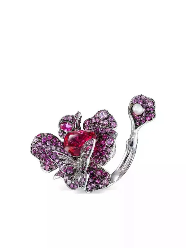 ANABELA CHAN 18kt White Gold Vermeil Ruby Peony Butterfly Gemstone Ring
