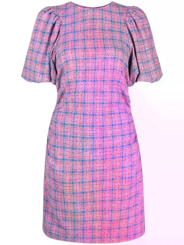 GANNI Checked Puff Sleeve Mini Dress