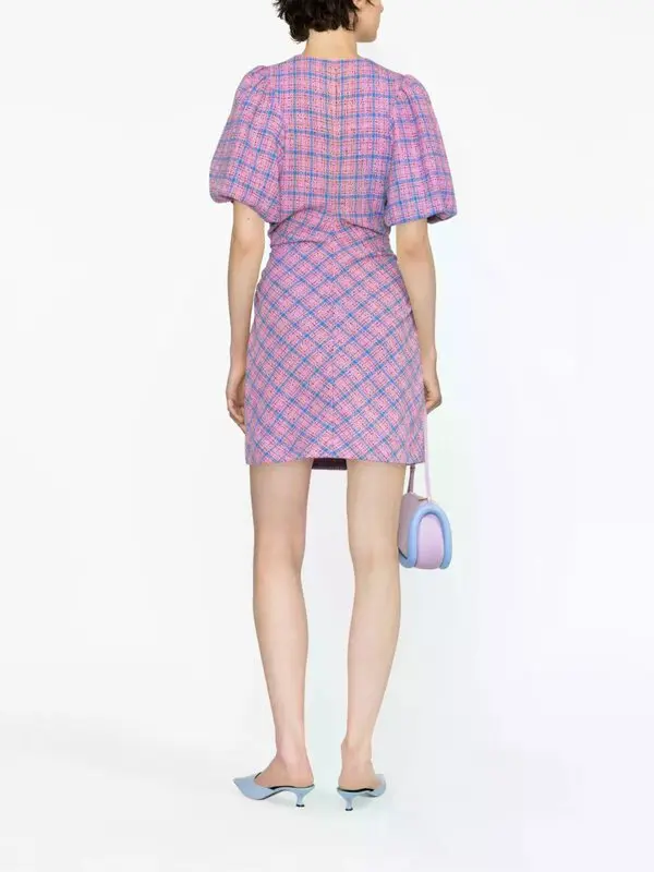 GANNI Checked Puff Sleeve Mini Dress