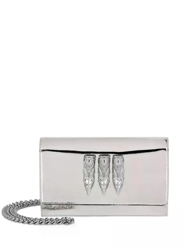 Philipp Plein Metallic Leather Clutch Bag With Embellished Spider Claw Rings - Silver
