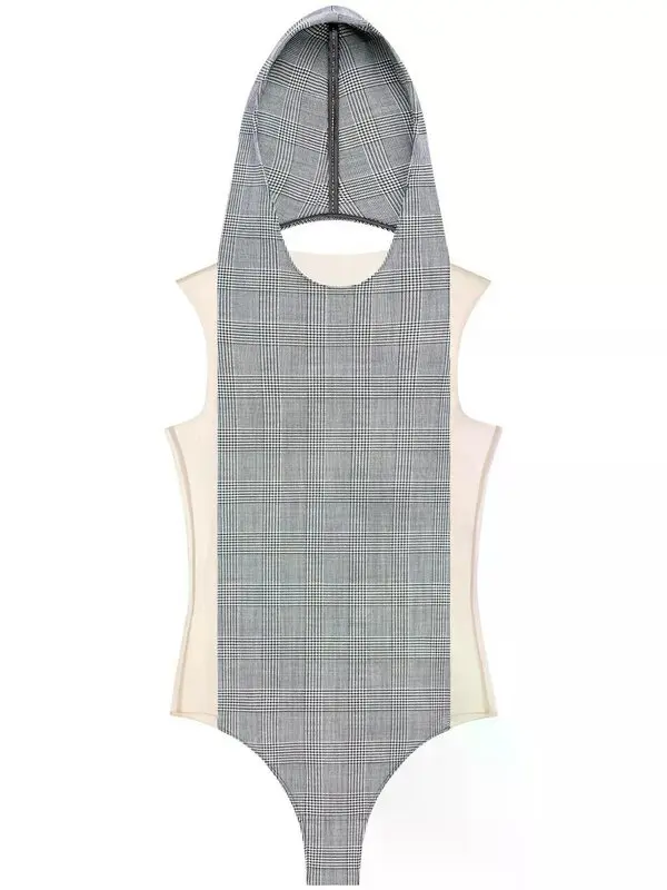 COURREGES Illusion Hooded Bodysuit In Check Pattern - Grey