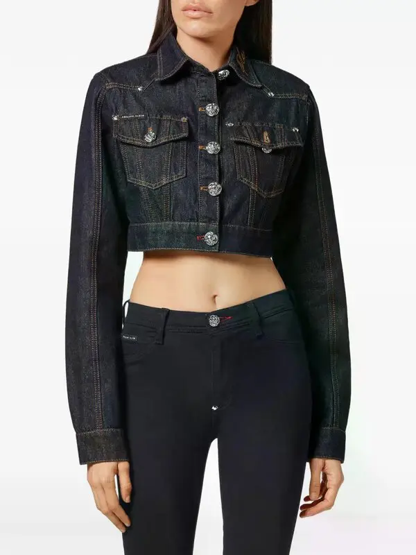 Philipp Plein Cropped Denim Jacket With Embroidered Logo Detail