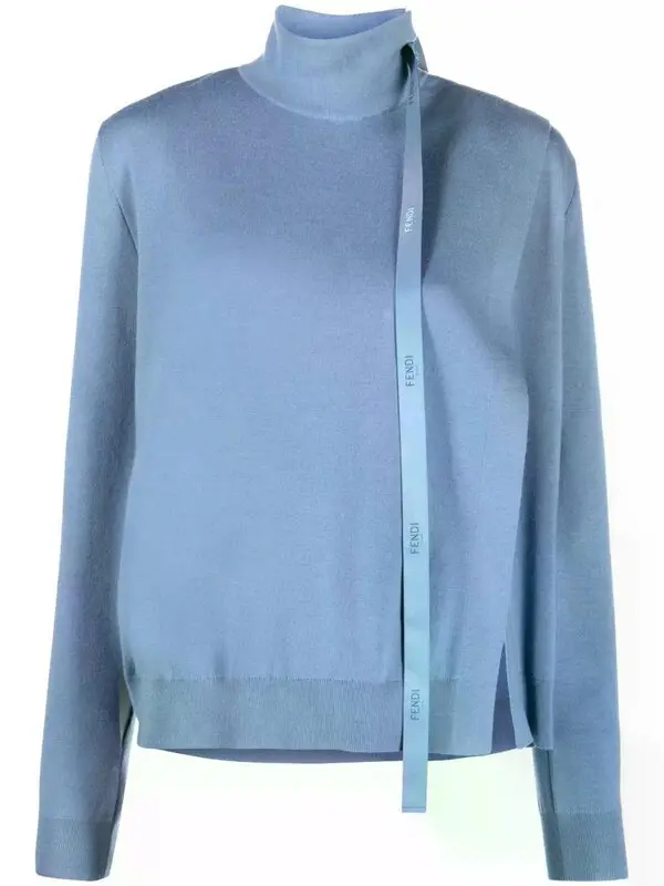 Fendi Appliqué Logo High Neck Wool Blend Sweater