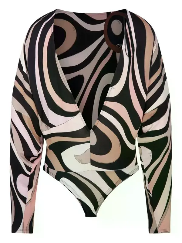 Emilio Pucci Marmo-print Plunging V-neck Long Sleeve Bodysuit