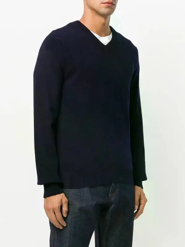 Play Comme Des Garcon Navy Wool V-neck Sweater With Embroidered Heart Patch