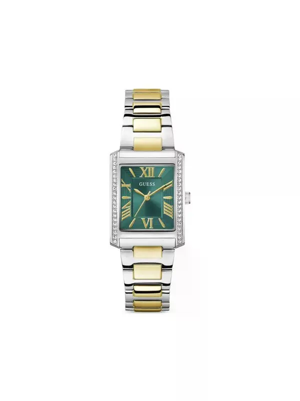 Guess Analog Stainless Steel Link Bracelet Watch With Emerald Dial And Crystal-encrusted Bezel