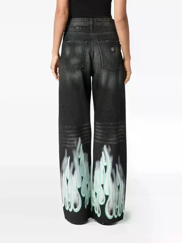 Philipp Plein Flame Print Wide Leg Jeans