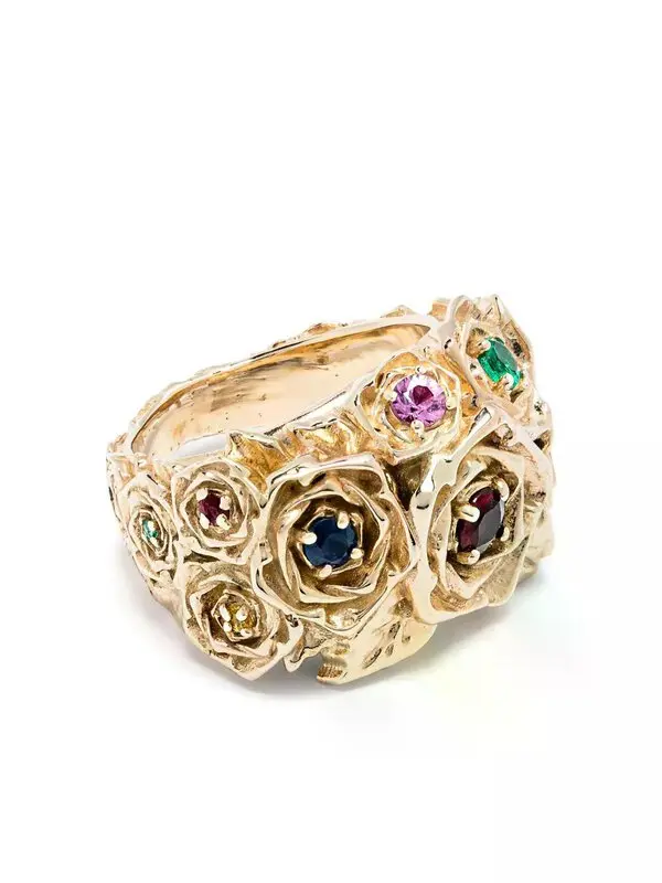 ROSES METALS 14kt Yellow Rose Motif Ring With Multi-gemstone Pavé Setting - Gold
