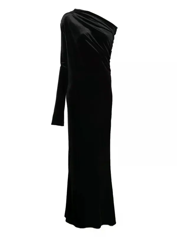 Alchemy Fashions Velvet Gown With Asymmetrical Neckline And Ruched Detailing - Black