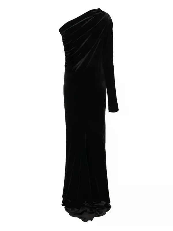 Alchemy Fashions Velvet Gown With Asymmetrical Neckline And Ruched Detailing - Black