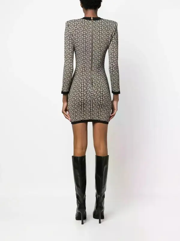 Balmain Monogram-print Wool-blend Dress