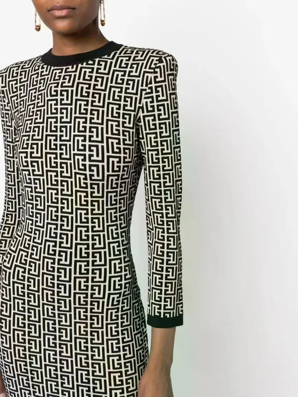 Balmain Monogram-print Wool-blend Dress