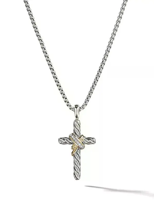 David Yurman 14kt Yellow Gold And Sterling Pavé Diamond Cross Pendant Necklace - Silver