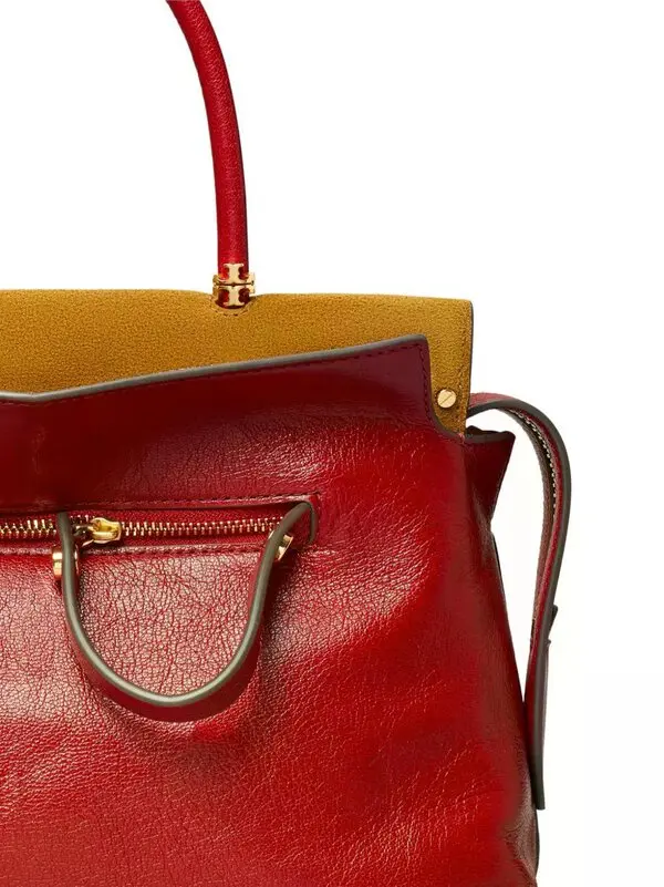 Tory Burch Mercer Textured Calf Leather Tote Bag With Suede Trim And Adjustable Shoulder Strap - Red