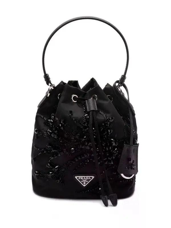 Prada Embellished Drawstring Tote Bag - Black
