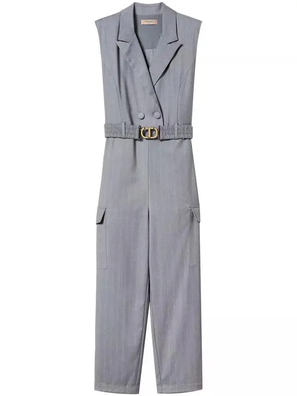 TWINSET Pinstripe Pattern Belted Jumpsuit - Grey