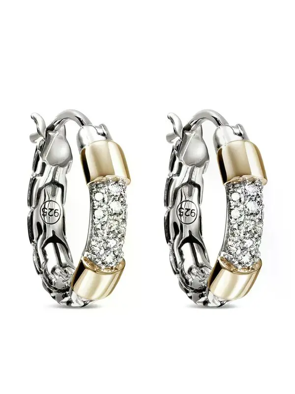 John Hardy 14k Yellow Gold And Sterling Chain-link Diamond Hoop Earrings - Silver