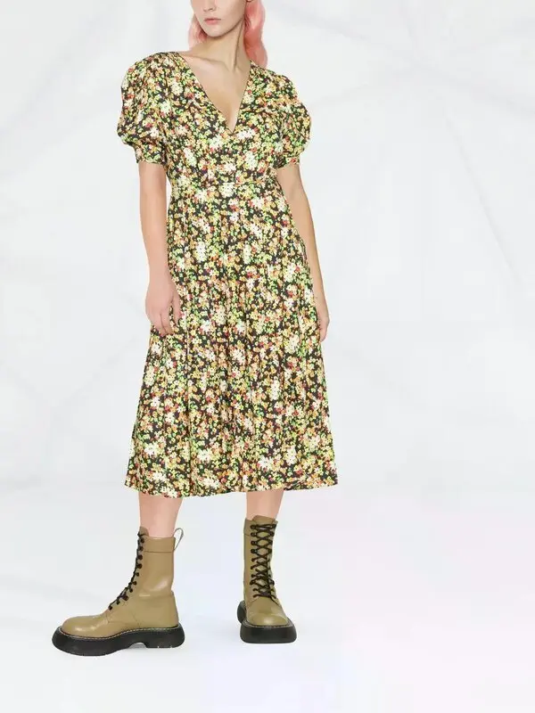 Marni Floral-print Puff Sleeve Midi Dress - Black