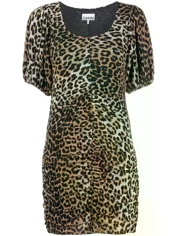 GANNI Leopard-print Ruched Mini Dress - Brown