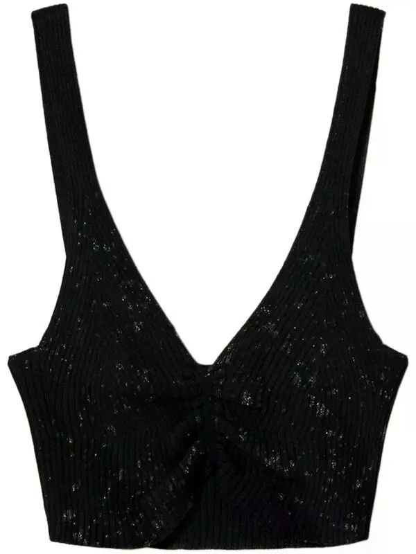 TWINSET Ribbed Knit V-neck Cropped Top With Logo Charm - Black
