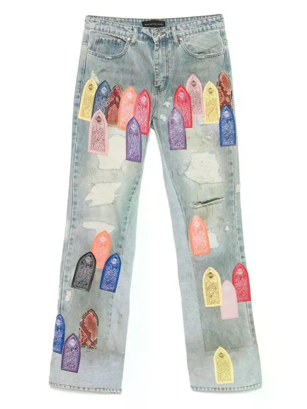 WHO DECIDES WAR Patch Arched Distressed Jeans - Blue