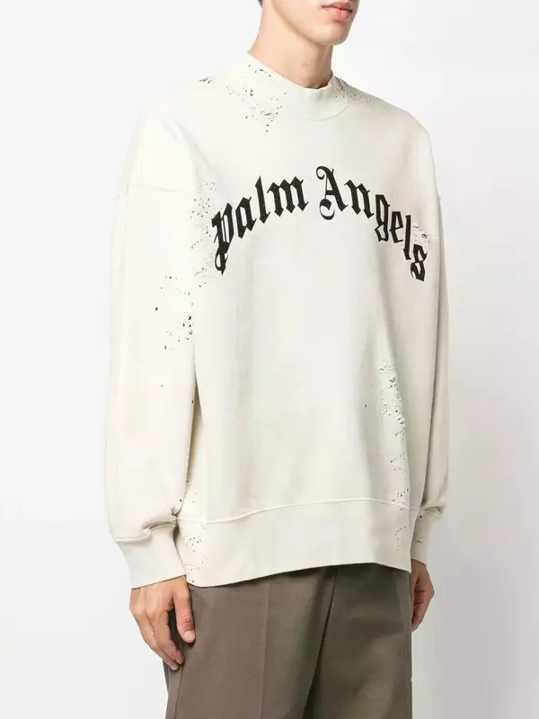 Palm Angels Logo-print Distressed-finish Sweatshirt - Neutrals