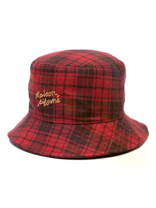 Maison Kitsuné Logo-embroidered Checked Bucket Hat - Red