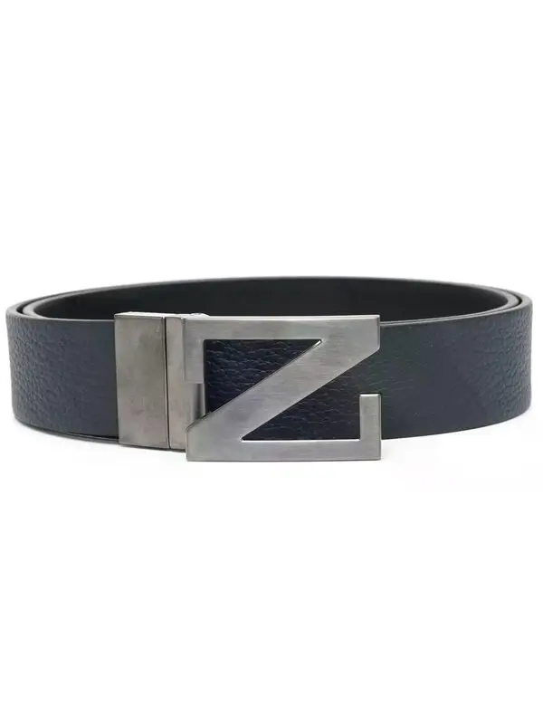 Zegna Logo Buckle Leather Belt - Blue