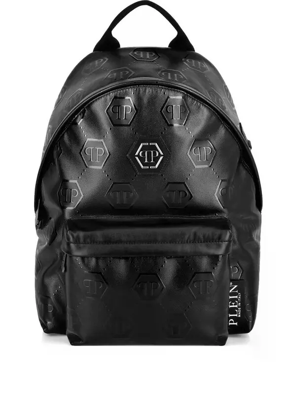 Philipp Plein Monogram Embossed Leather Backpack - Black