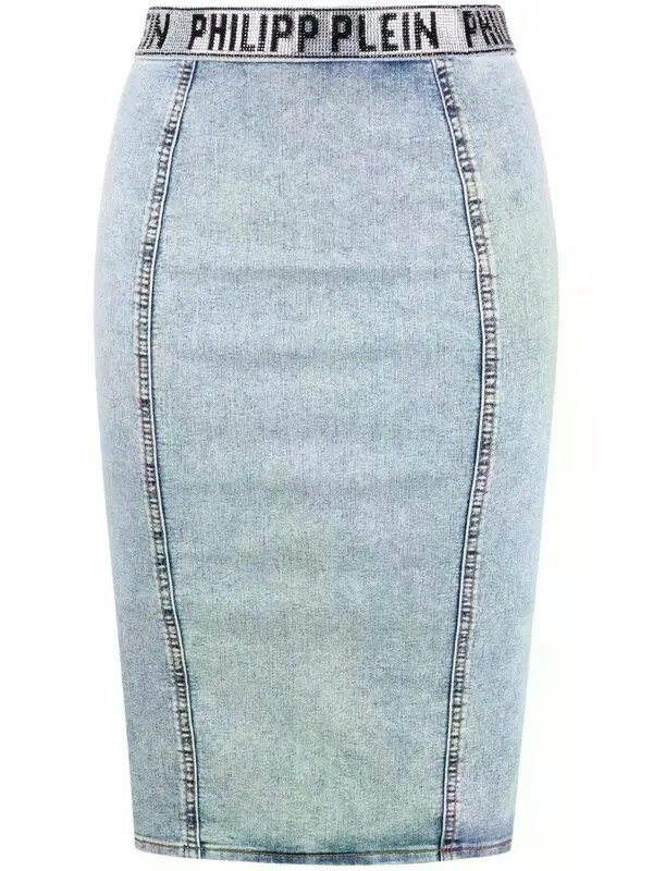 Philipp Plein Embellished Logo Waistband Denim Pencil Skirt - Blue