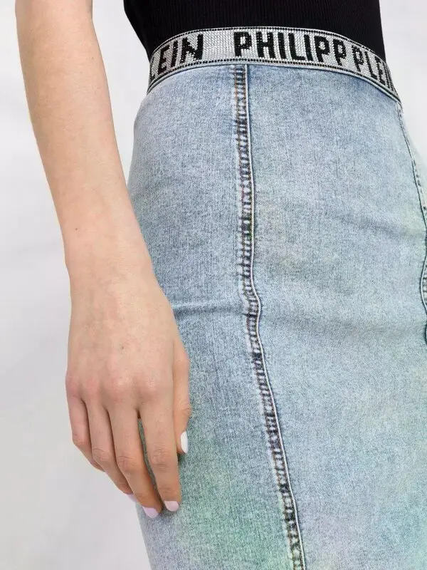 Philipp Plein Embellished Logo Waistband Denim Pencil Skirt